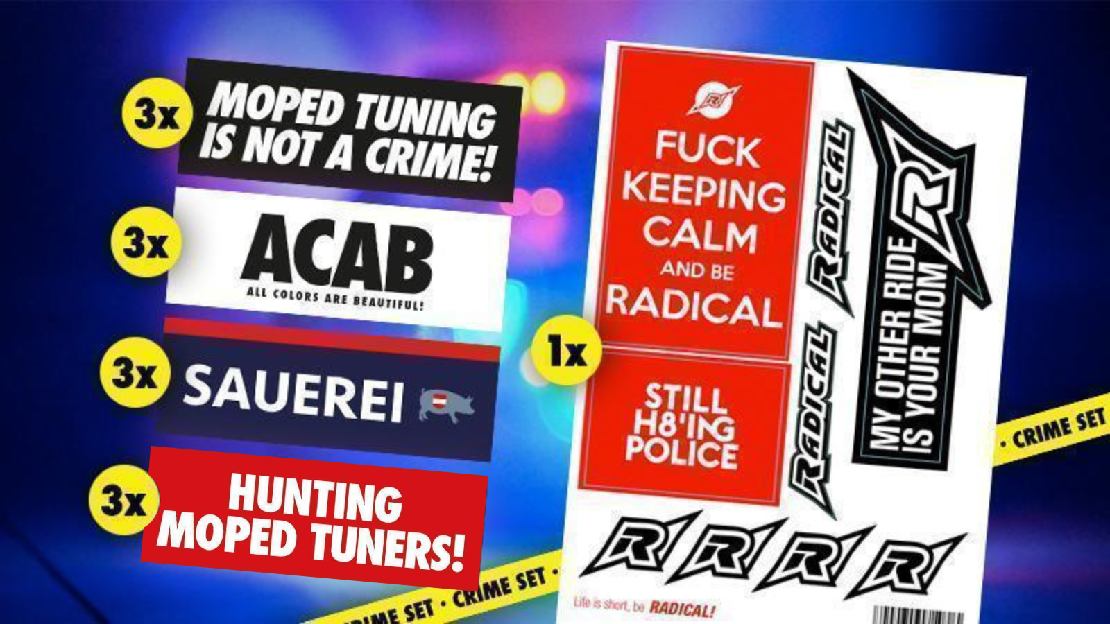 Crime Stickerset 12 Aufkleber + 1x Radical Aufkleberset